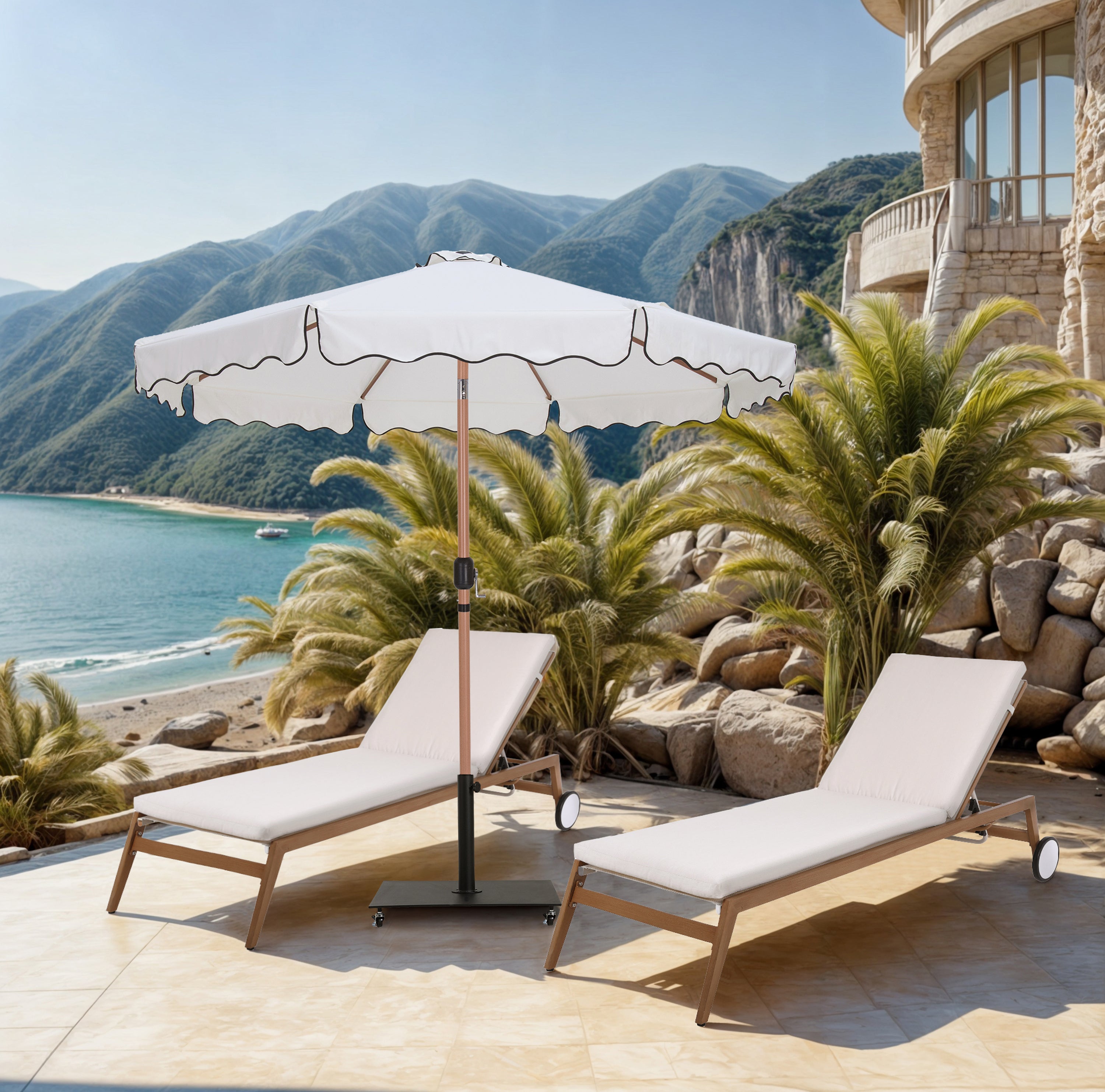 Simba White Fabric With Black Piping / Matte Black Aluminum Patio Umbr ...